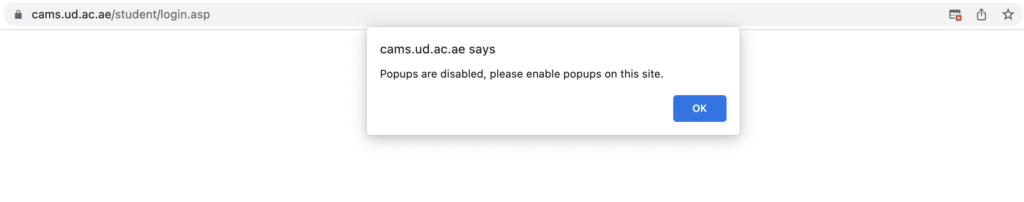 Cams Student Portal Pop Up Settings - University of Dubai